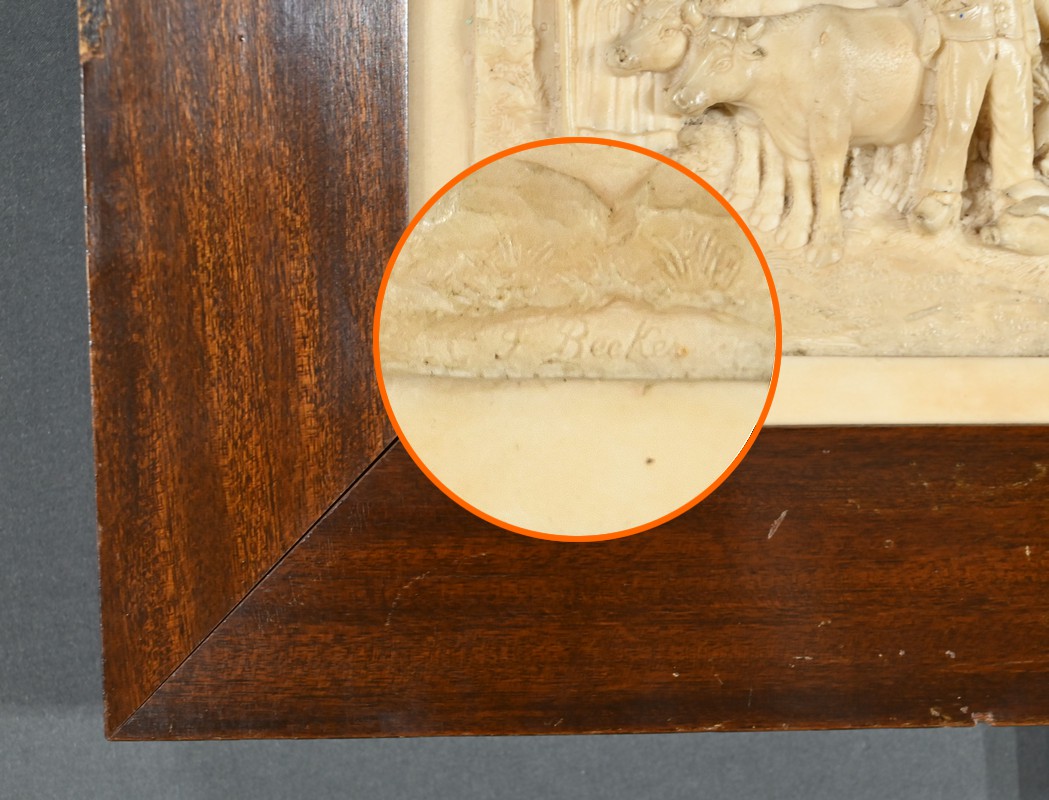 Tableau Bas-Relief en Calcaire Pétrifié, signé CF. Becker – Fin XIXe ...