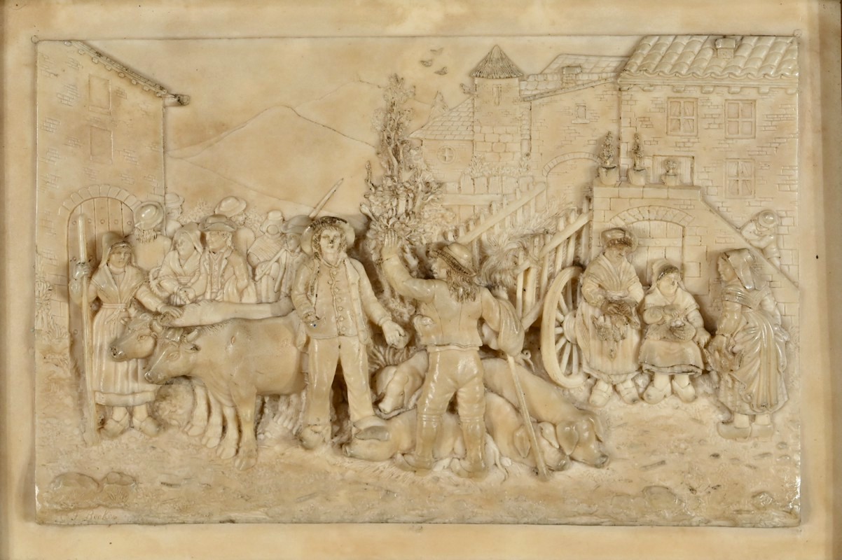 Tableau Bas-Relief en Calcaire Pétrifié, signé CF. Becker – Fin XIXe ...